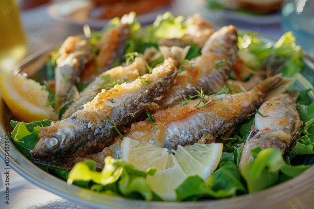 Battered fried fish on lettuce for Greek meal Stock Photo | Adobe Stock