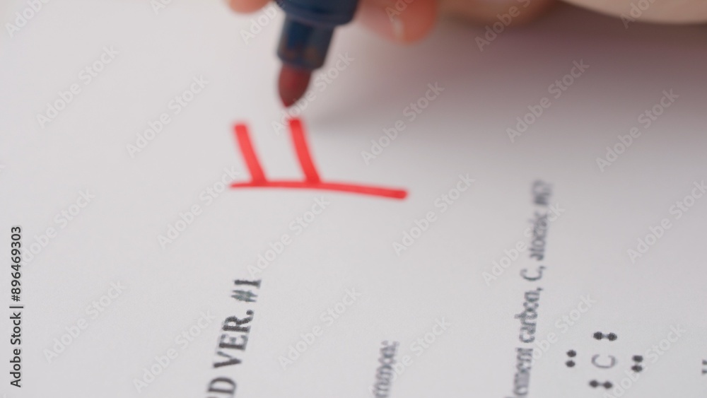 Professional school or college teacher grades a homework exam papers of ...