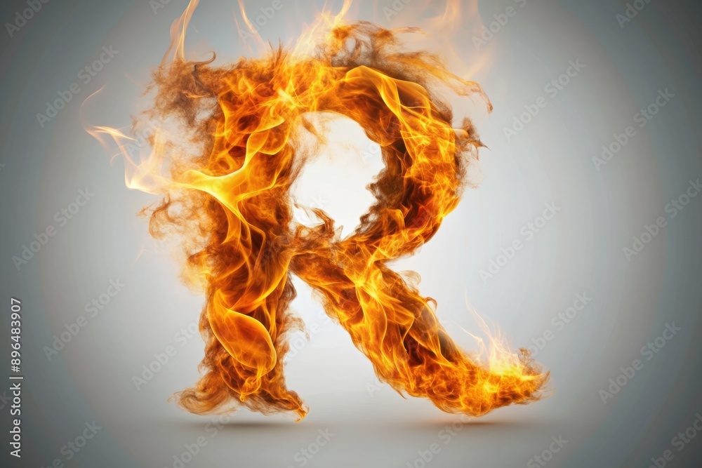 Vibrant flames shape the bold, cursive Letter R on a pure white ...