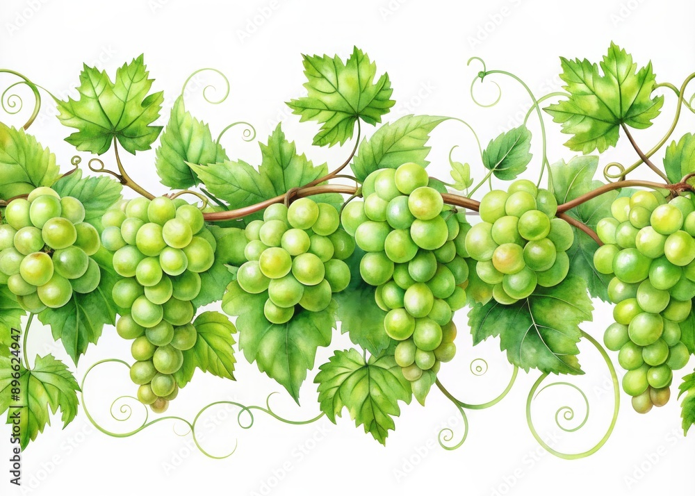 Vibrant green grapes and curly vines entwined in a seamless repeating ...