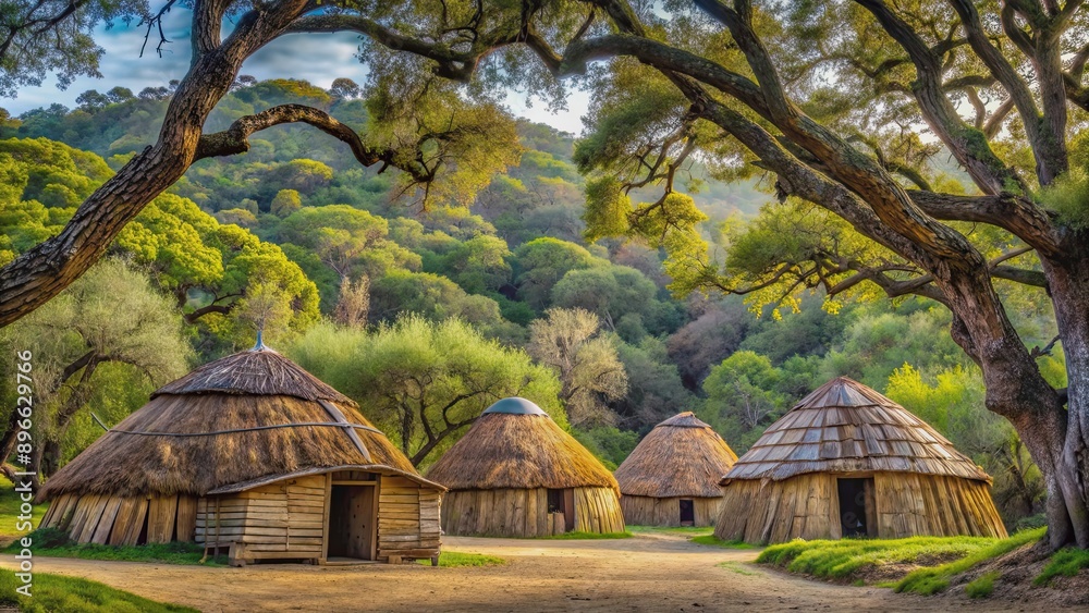 Chumash village with traditional homes and frames nestled among Oak ...