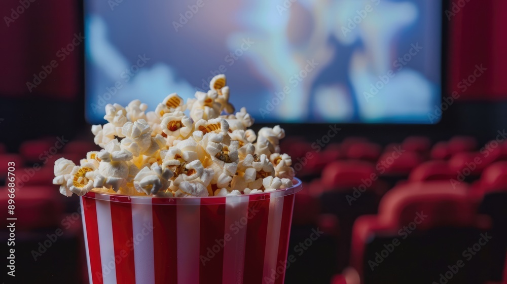 Popcorn paper box in movie theatre. Red seats and screen at the cinema ...