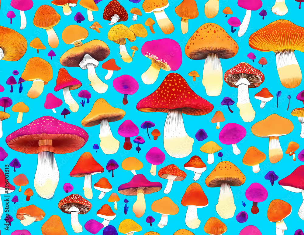Cluster of various mushrooms of different sizes and shapes is scattered ...