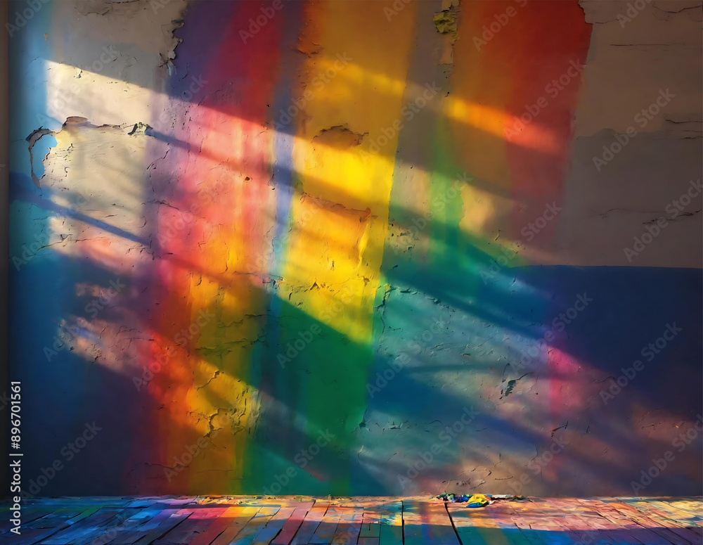 Room featuring a wooden floor and a wall painted in vibrant rainbow ...