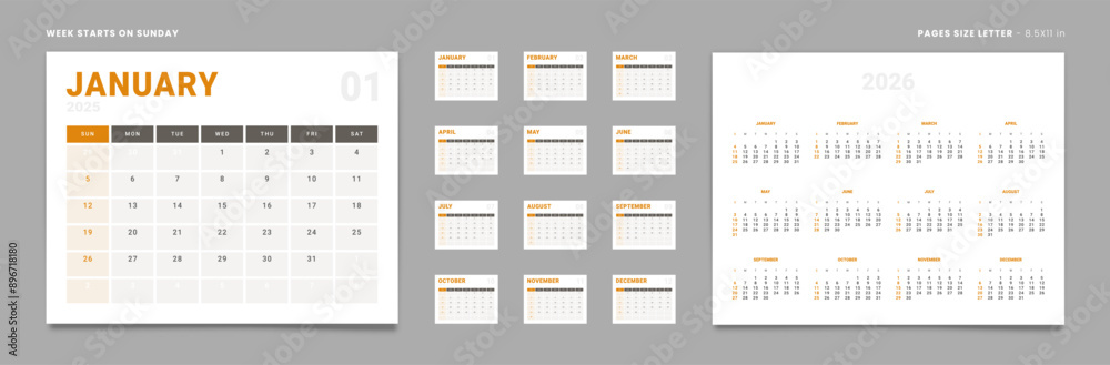 Set of 2025 Pages Monthly Calendar Planner Templates and annual 2026 ...