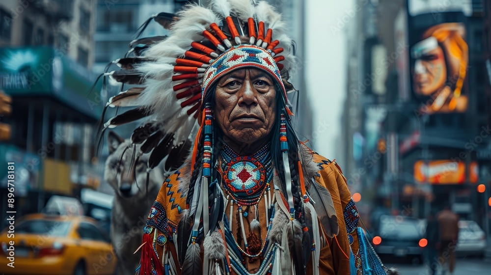 Proud Native American man in traditional attire with wolf, walking ...