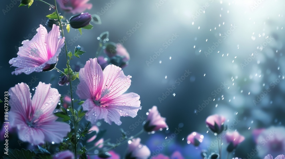 Fantasy meadow with giant flowers and whimsical fairies, misty morning ...