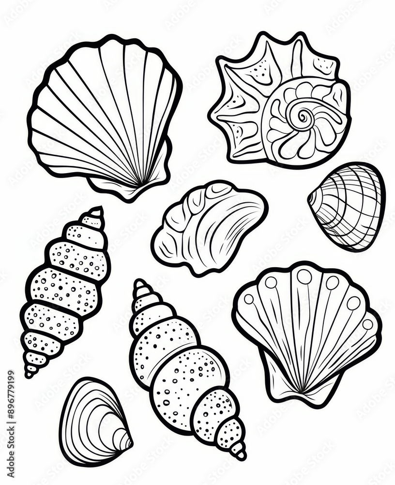 Simple coloring book cartoon style drawings of sea shells Stock Photo ...