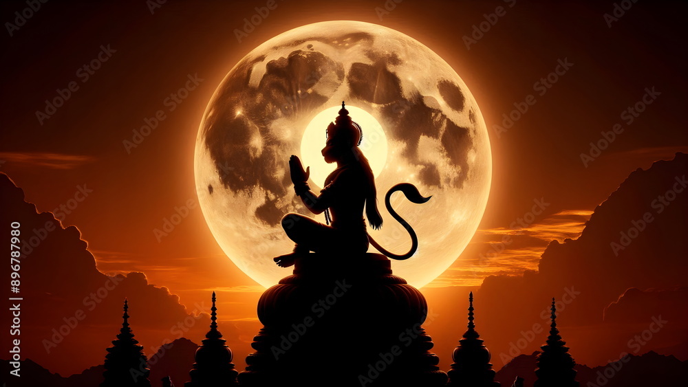 a silhouette of lord hanuman sitting in front of the moon Stock ...