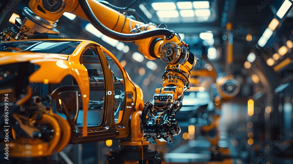 Industrial Robot Arm: A powerful industrial robot arm assembling car ...