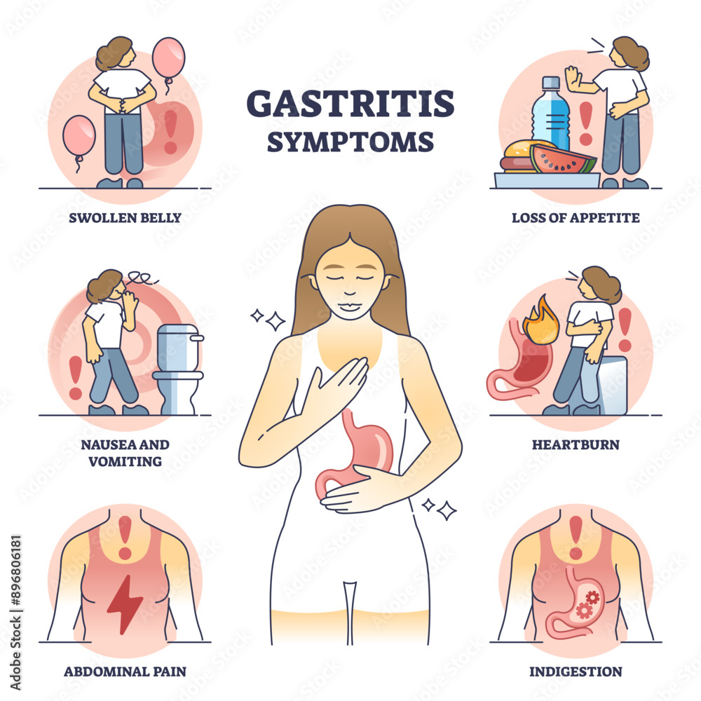 Gastritis symptoms and stomach chronic illness description outline diagram, transparent ...