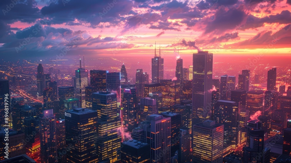 Stunning view of a city skyline at twilight, with the last rays of the ...