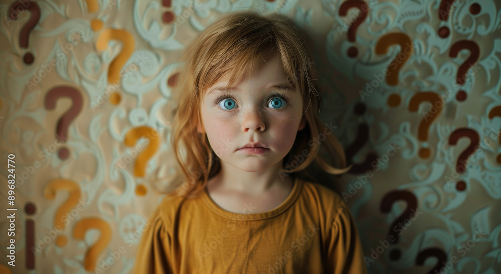 A curious little girl with big blue eyes, standing in front of a wall ...