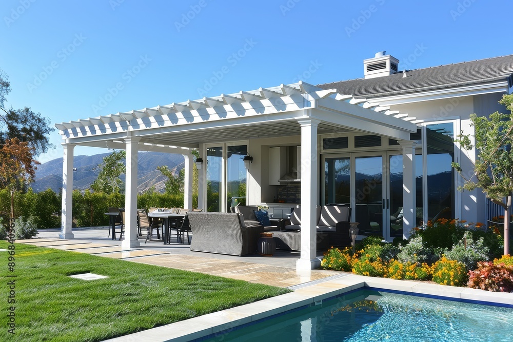 Beautiful white aluminum patio cover with California house background ...