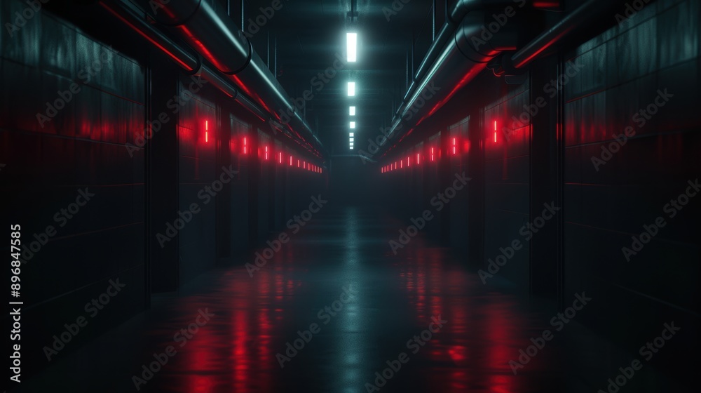 A long, dark corridor with red lights and a wet floor. The corridor is ...