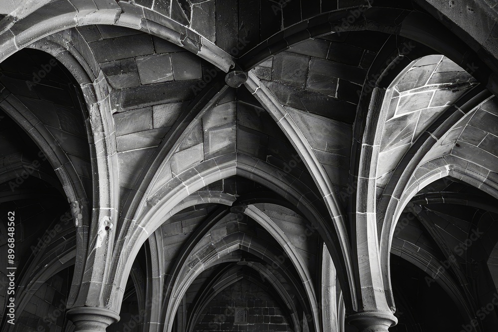 Pointed arches in a church captured in black and white, showcasing ...