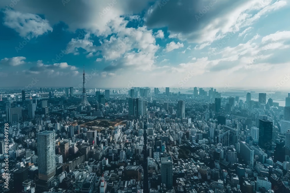 Aerial footage showcasing the dynamic skyline of Tokyo city with ...
