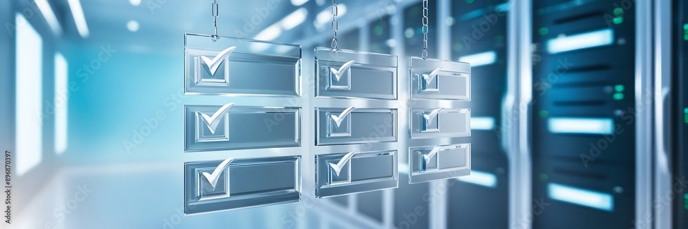 Futuristic checkmark icon in world of technological progress and ...