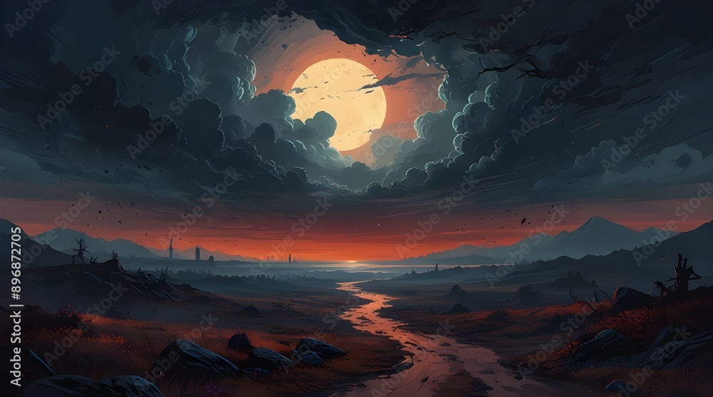 Mystery River, fog, and deep forest. Background fantasy. Conceptual art ...