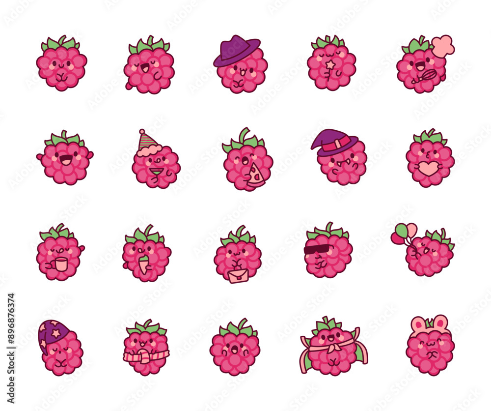 Cute kawaii raspberry. Adorable summer berry cartoon food character ...