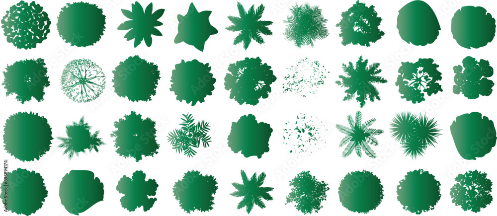 Tree top view silhouette collection, diverse green foliage patterns ...