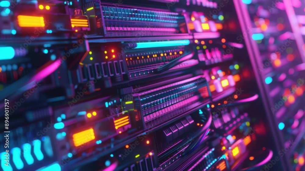 A charming 3D blender minimalist render of a data center, viewed from a ...