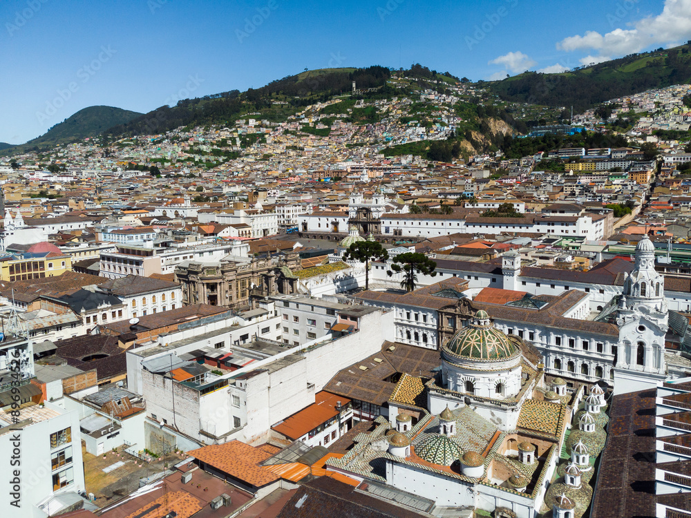 Quito, Ecuador: Aerial drone view of the famous Quito colonial historic ...