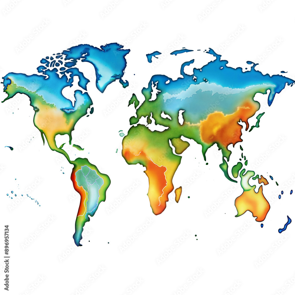 World map with topographical shading, showing elevation changes across ...