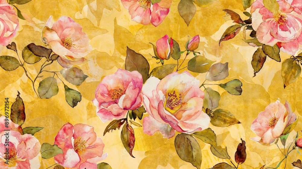 Retro Flower Illustration Wallpaper. Watercolour Blooms Background ...