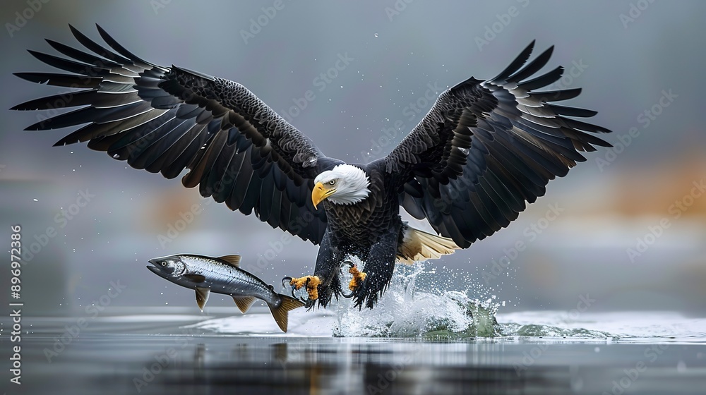 Close up of bald eagle flying with a fish in its claws on the water ...