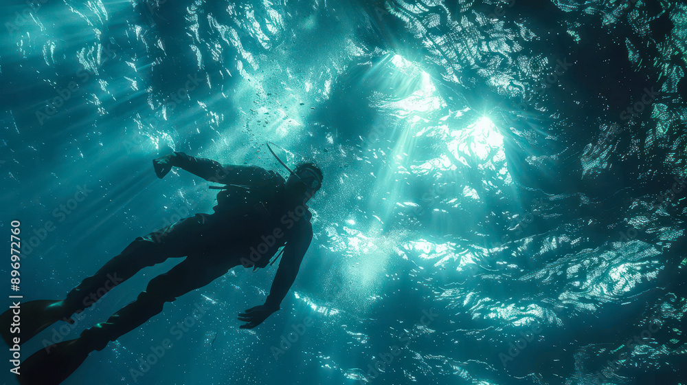 Diver Falling Into Depths of Ocean at Daytime with Sunlight Filtering ...