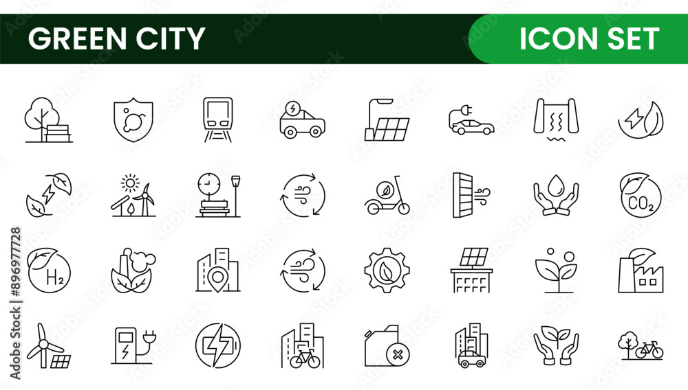 Line icons about green city. Sustainable development. Contains such ...