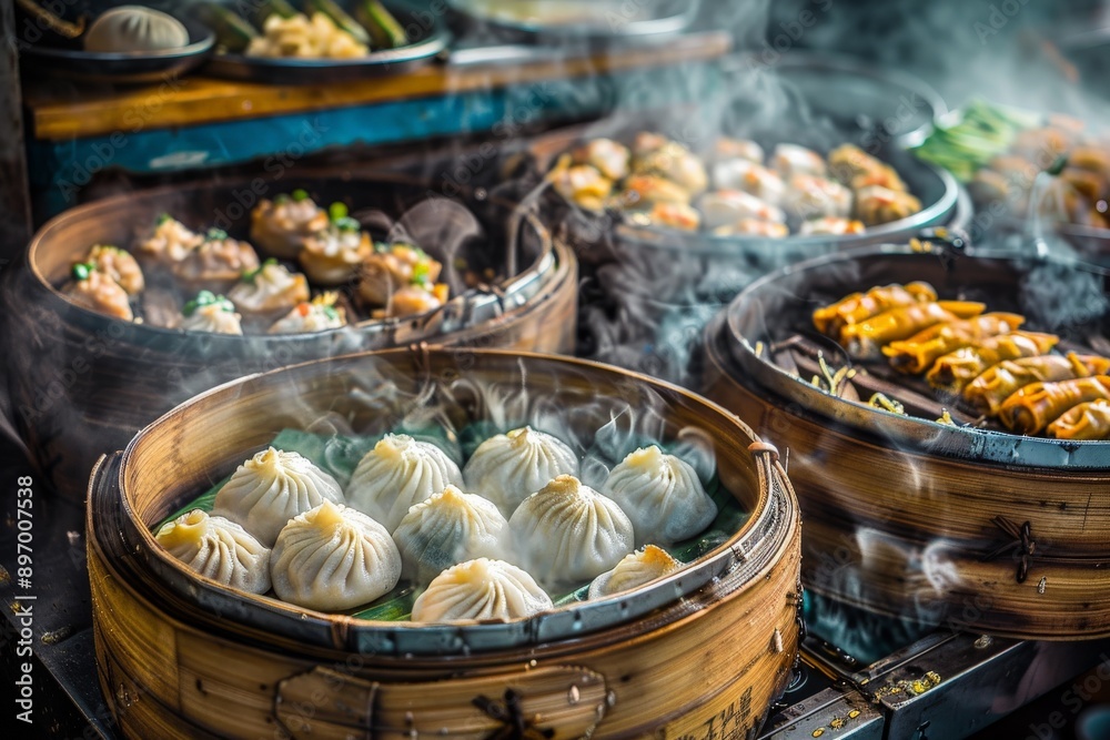 Variety of steamed dumplings are showcased in bamboo steamers, emitting ...
