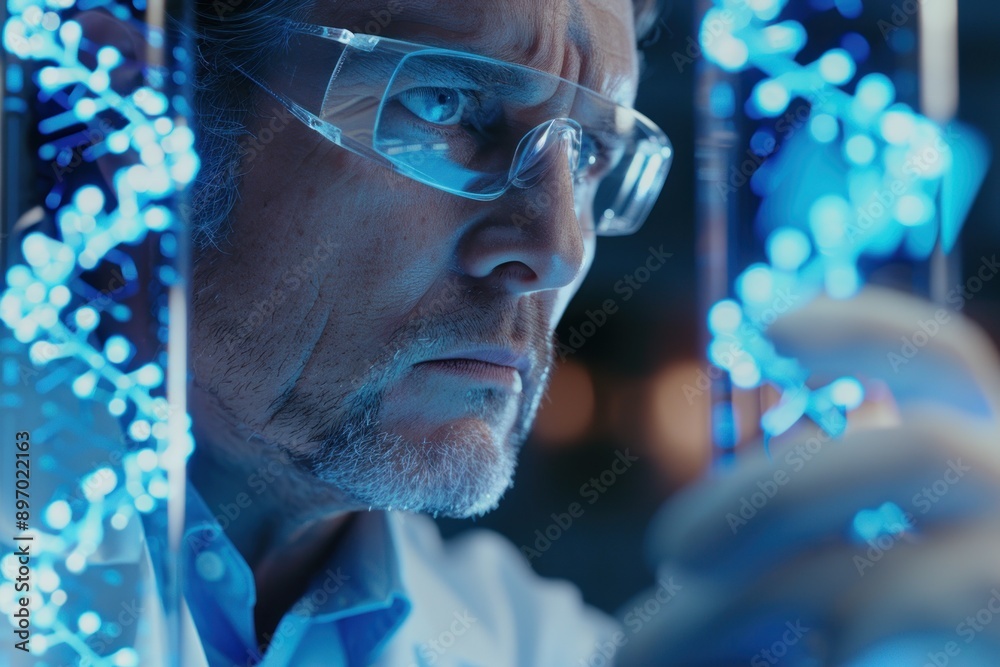 Close-up of a scientist analyzing DNA structure models on a computer ...