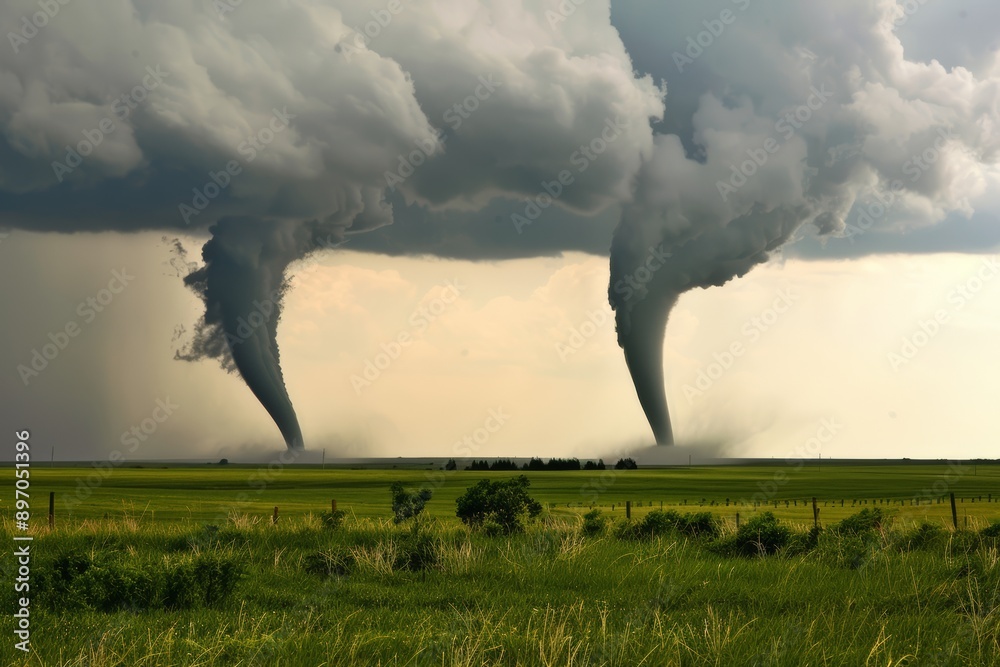 Two tornadoes in open field, under dark clouds, depicting intense and ...