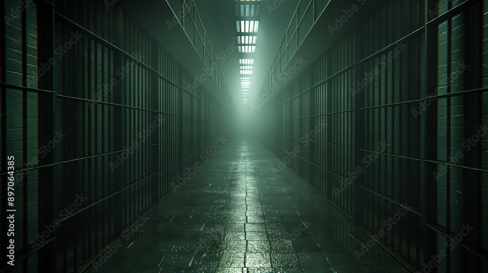A corridor of cells, typically found in prisons or detention centers ...