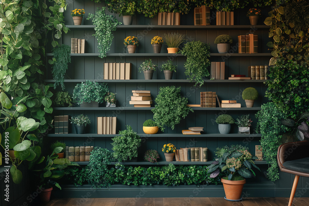 A contemporary-style bookshelf adorned with plants that serves as a ...