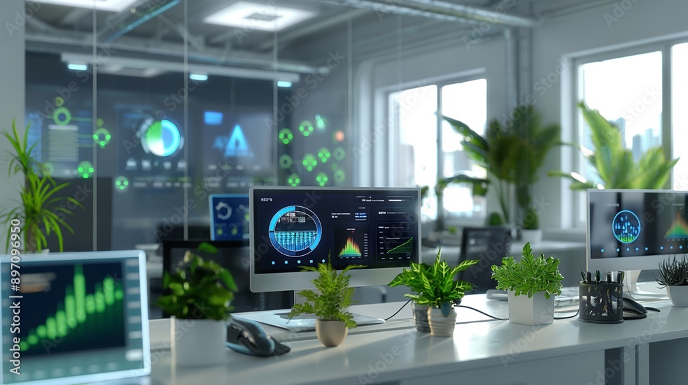 A high-tech office workspace with energy-efficient devices, digital ...