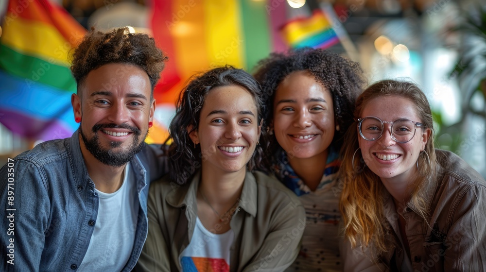 A diverse group of smiling friends posing together in front of vibrant ...