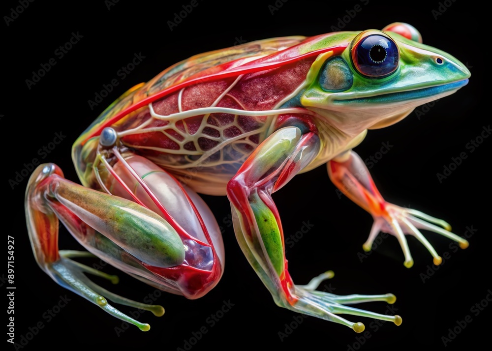 Vividly colored, anatomically correct frog with transparent skin ...
