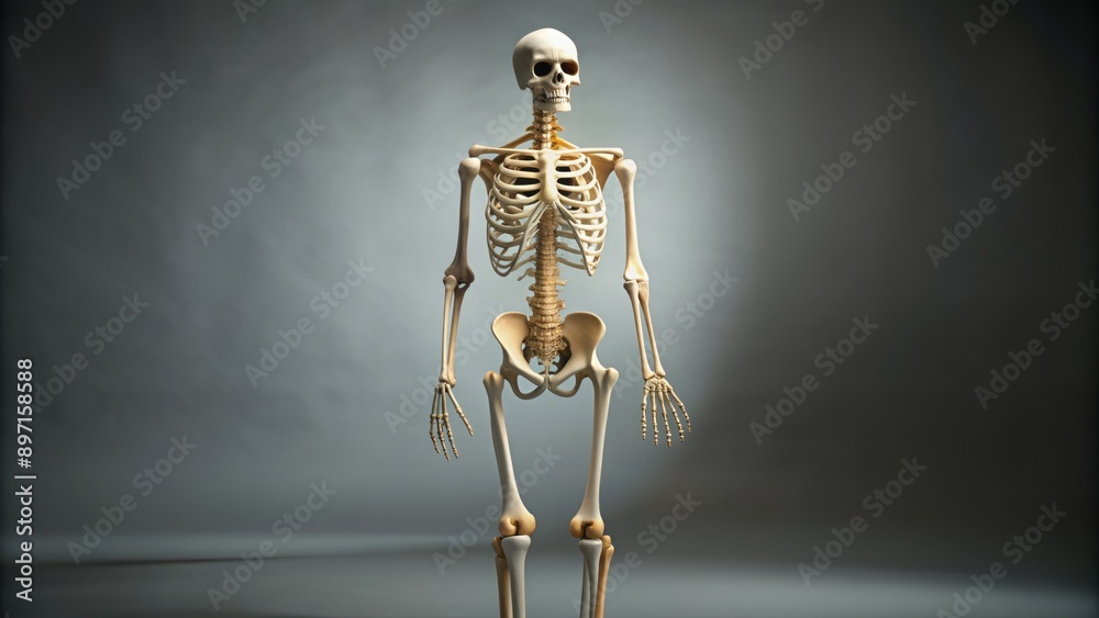 Isolated human skeleton model against a grey background, showcasing ...