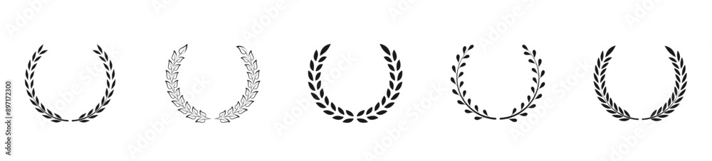 Laurel wreath icon set. Сollection of black circular foliate laurels ...