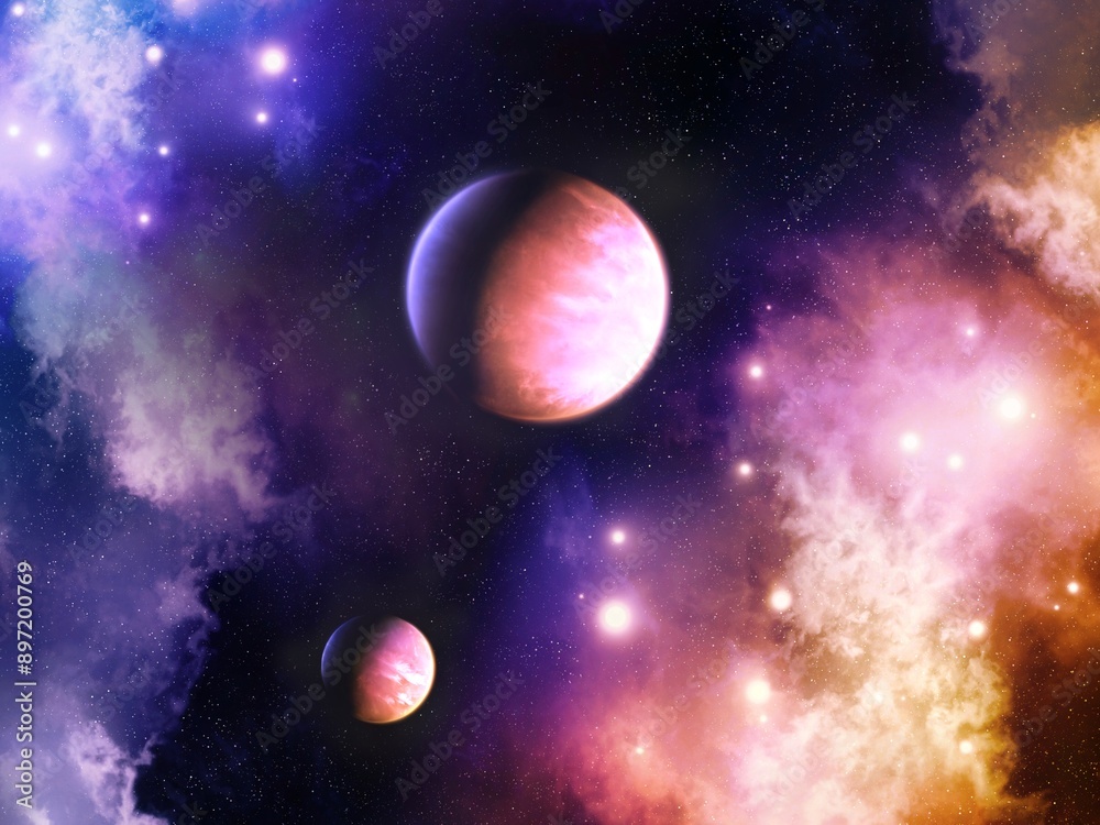 Planets with cosmic nebulae. Space with clusters of stars. Earth-like ...