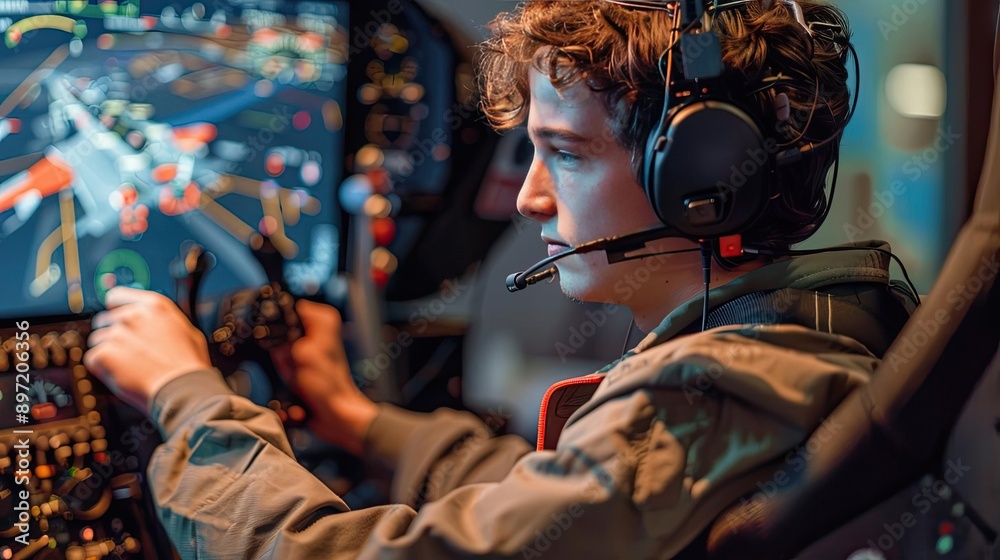 Person using a flight simulator setup with realistic controls ...