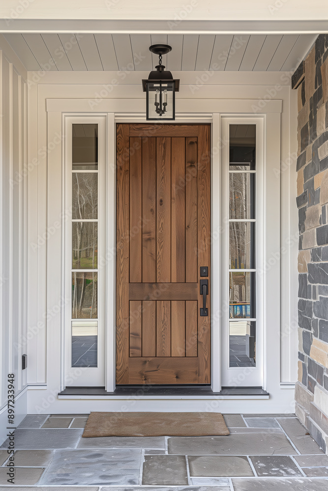 A white modern farmhouse front door detail with a wooden front door ...