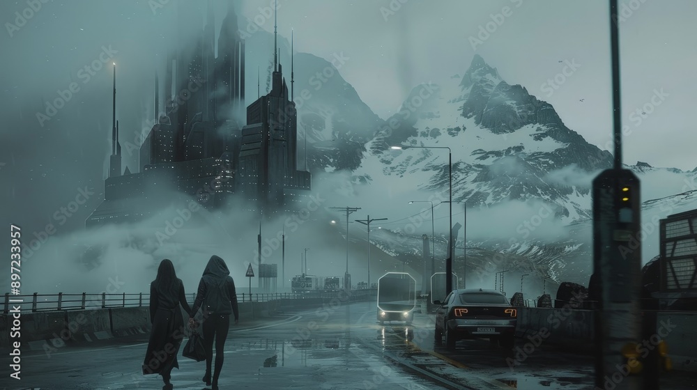 This photorealistic post-apocalyptic scene features a massive ...