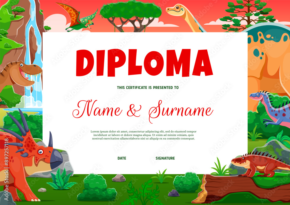 Kids diploma, funny dinosaurs on sunset background frame. Vector ...
