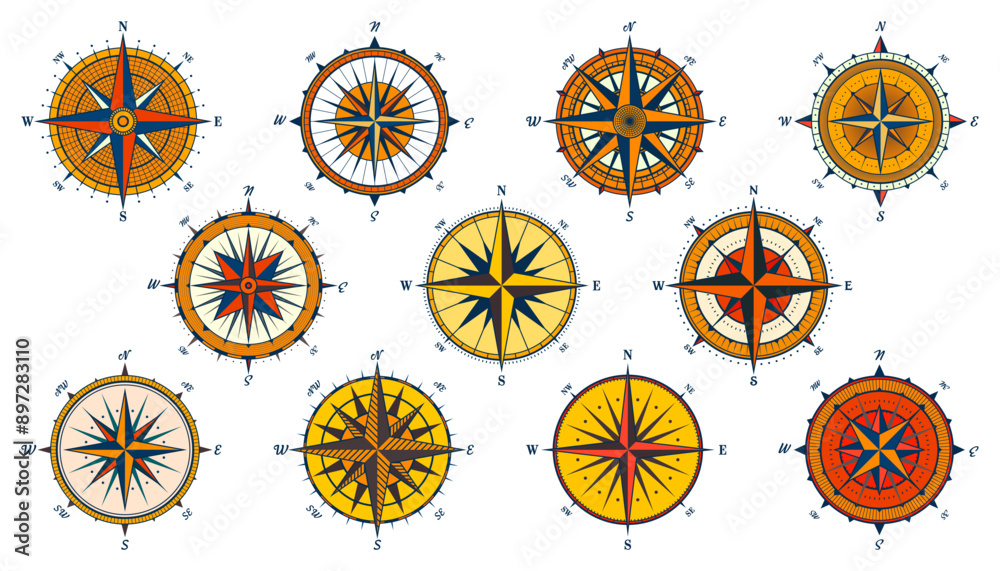 Vintage marine wind rose, nautical chart. Colorful navigational compass ...