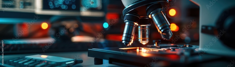 Create a detailed image of a forensics expert using a microscopic ...