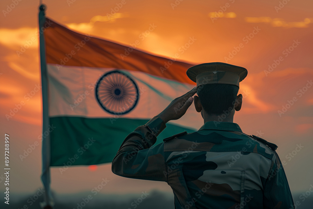 Flag salute, Indian soldier at sunset Stock Photo | Adobe Stock